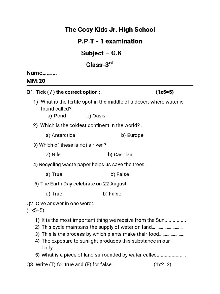 Class 3rd GK Paper | PDF