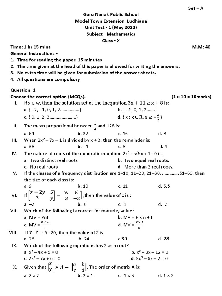 Class 10 Mathematics Set A | PDF | Equations | Inequality (Mathematics)