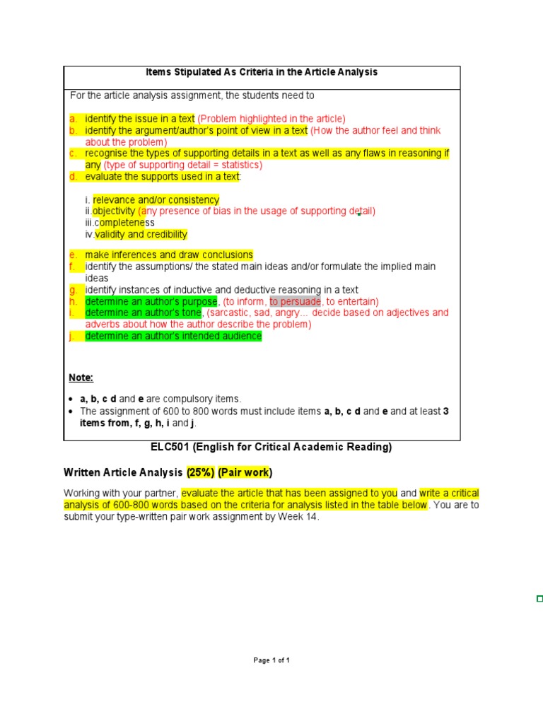 ELC501 Written Article Analysis Guidelines | PDF