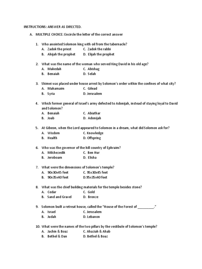1 Kings Long Quiz | PDF | Books Of Kings | Solomons