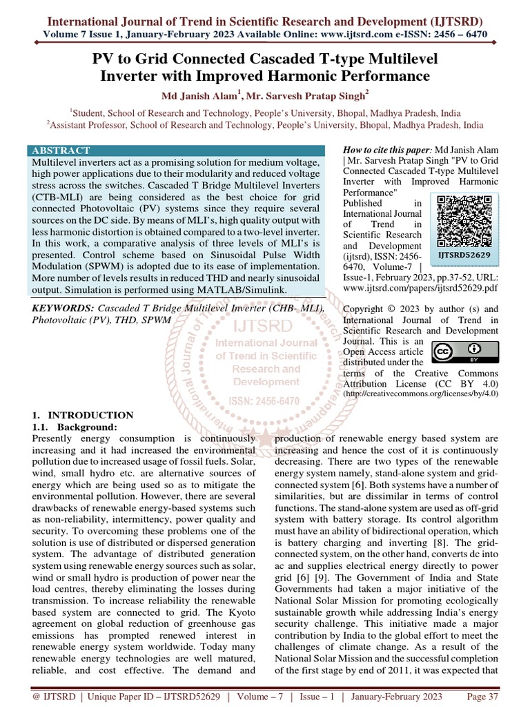 PV To Grid Connected Cascaded T Type Multilevel Inverter With Improved Harmonic Performance ...