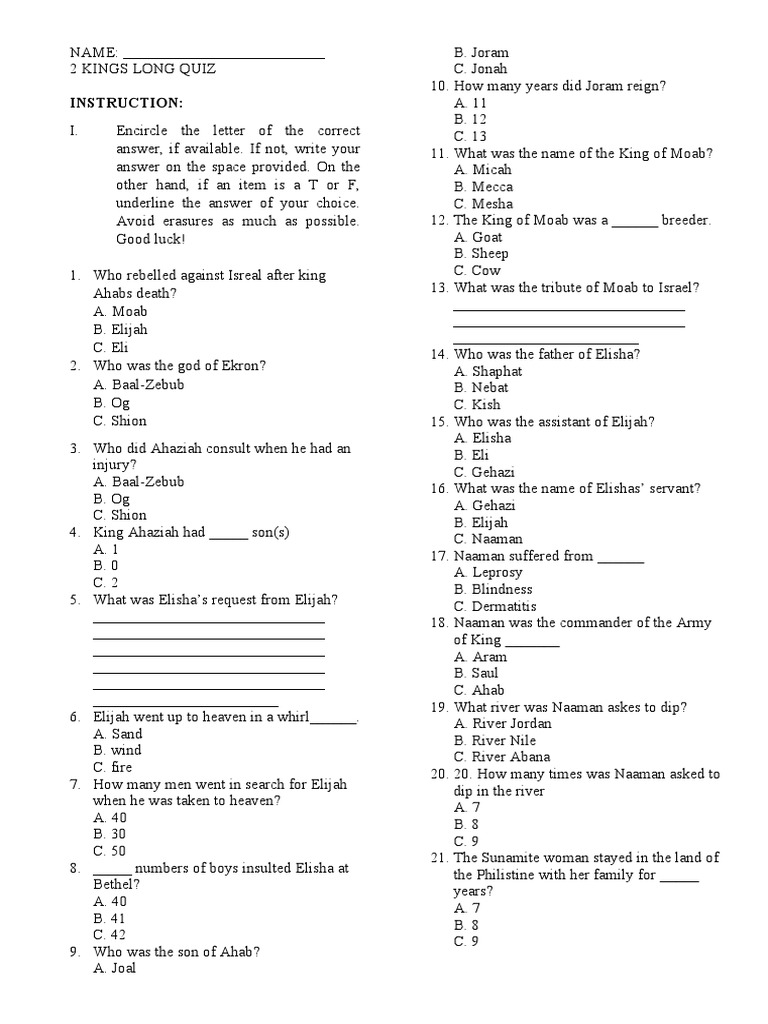 2 Kings LongQuiz | PDF | Books Of Kings | Ancient Peoples