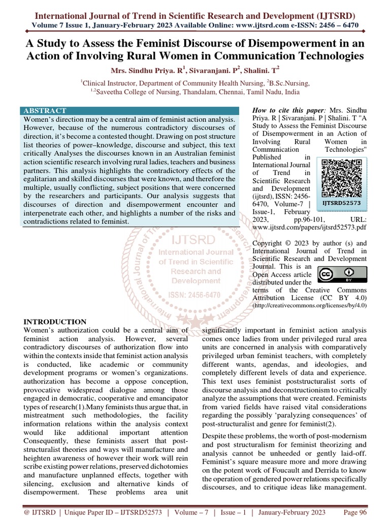 A Study To Assess The Feminist Discourse of Disempowerment in An Action of Involving Rural Women ...