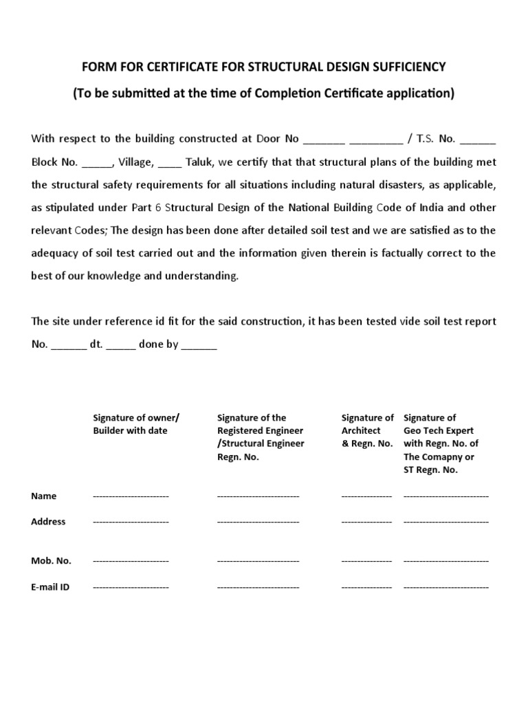 Form For Certificate For Structural Design Sufficiency | PDF