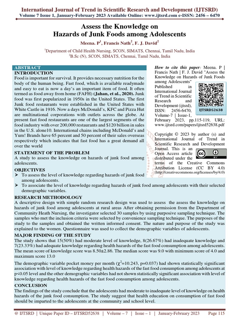 Assess the Knowledge on Hazards of Junk Foods among Adolescents | PDF ...