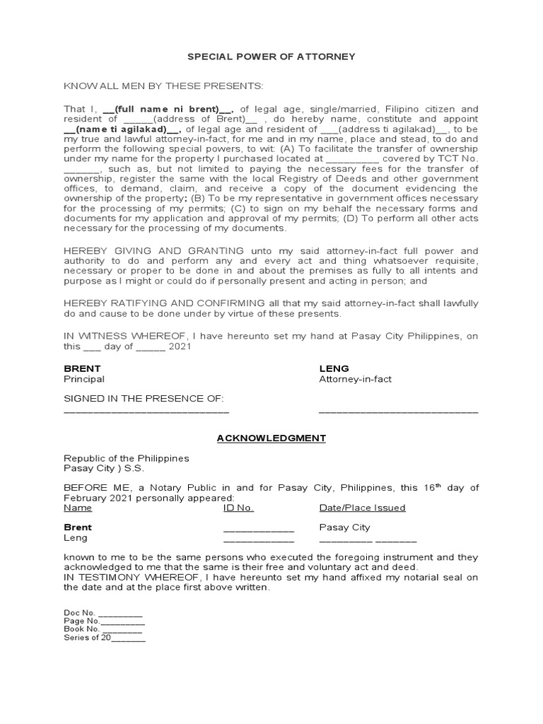 Special Power of Attorney Document | PDF | Power Of Attorney | Ethical ...