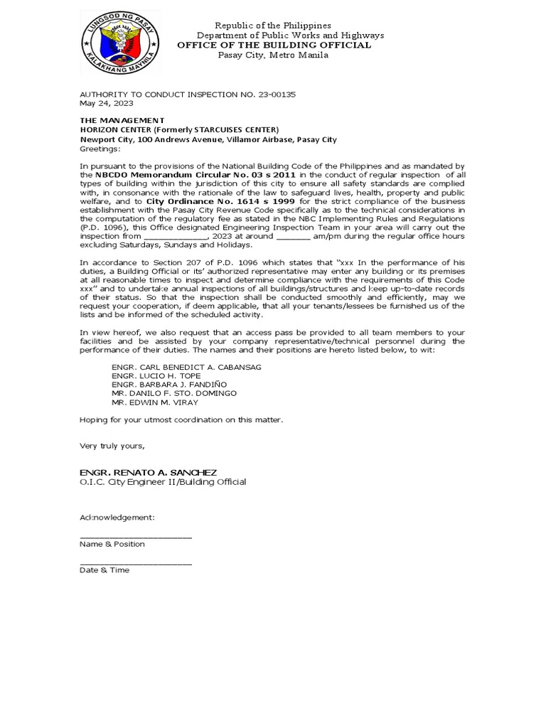 Authority To Inspect (Form) | PDF | Regulatory Compliance | Government