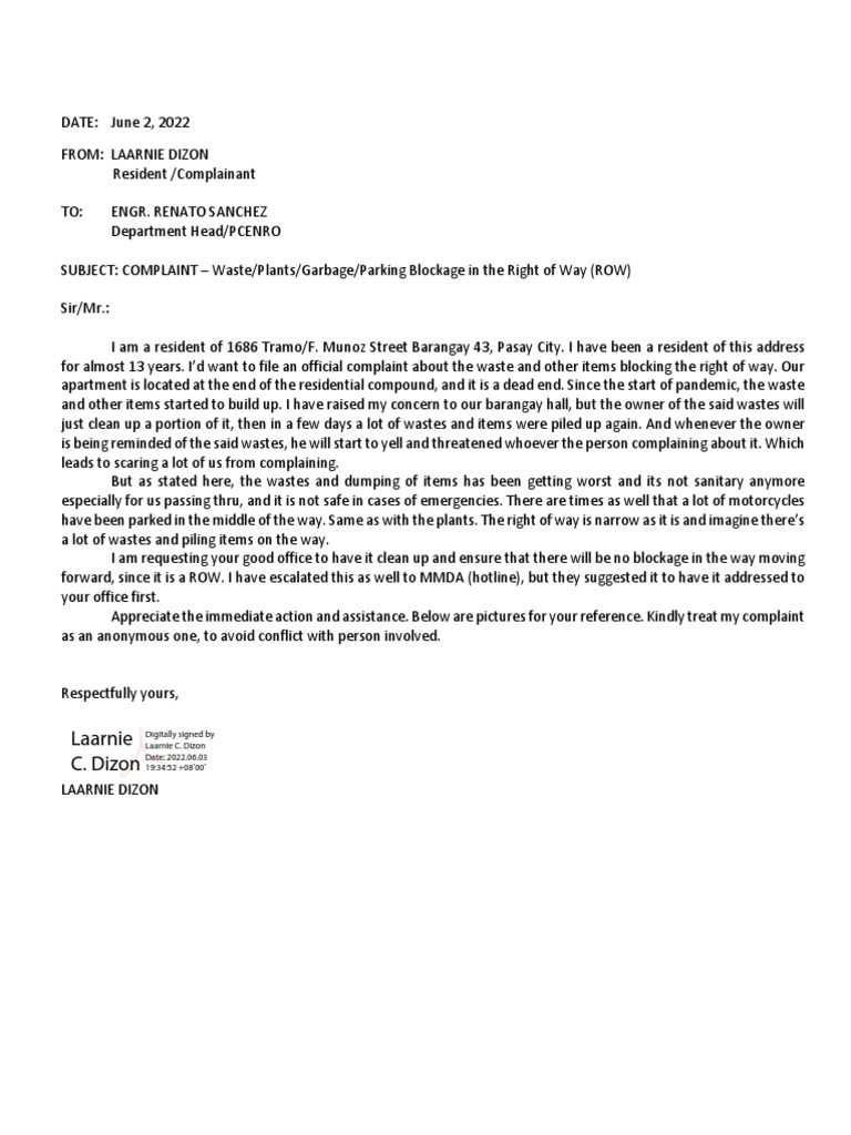 Complaint on Kitchen Waste Blockage | PDF | Law
