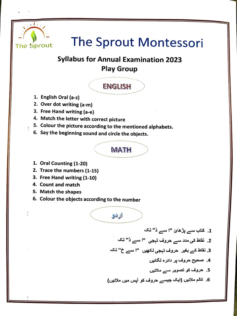 Playgroup Annual Exams Syllabus 2023 | PDF | Prophets And Messengers In ...