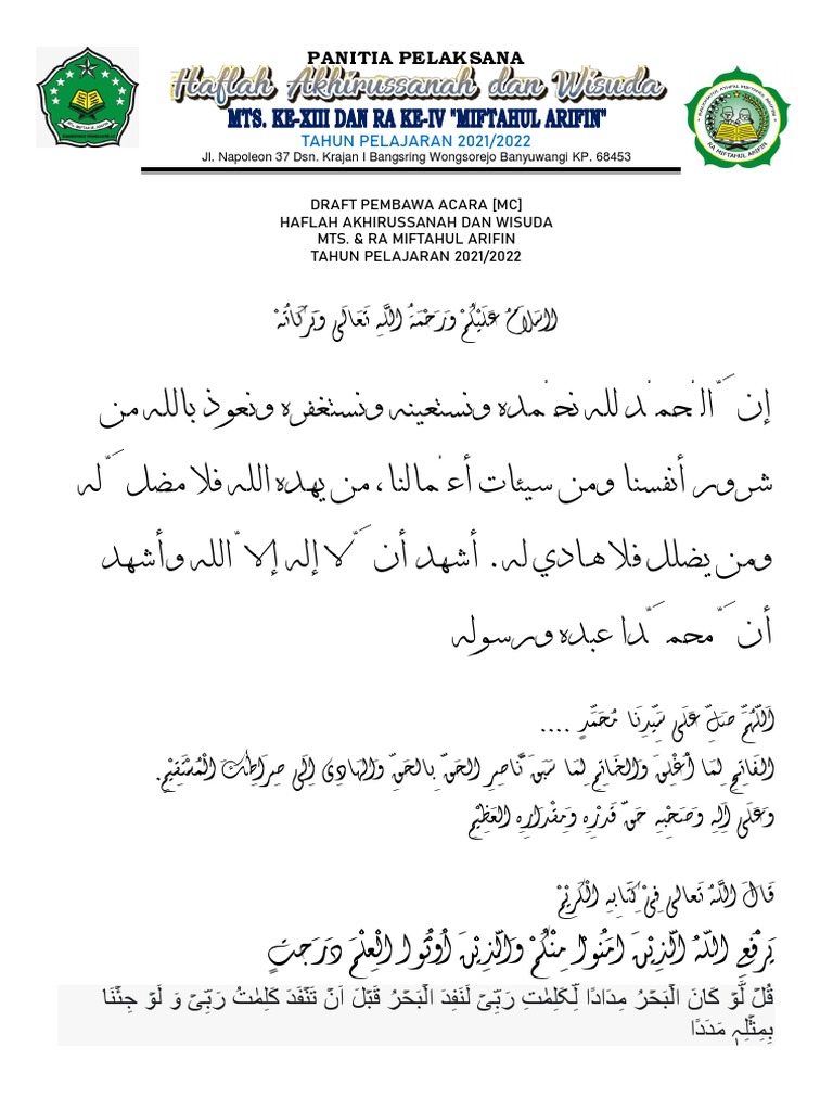 DRAFT MC HAFLAH AKHIRUSSANAH DAN WISUDA MTS-RA | PDF