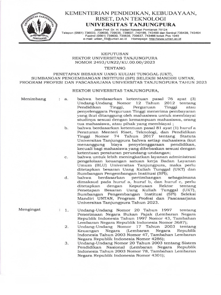 01 - SK Penetapan Besaran UKT SPI Seleksi Mandiri UNTAN, Program Profesi Dan Pacasarjana UNTAN ...