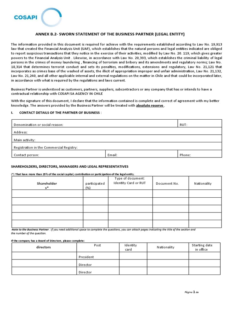 1.1. Annex b.1 - Sworn Statement of The Business Partner-Pj - Agency Chile | PDF | Internal ...