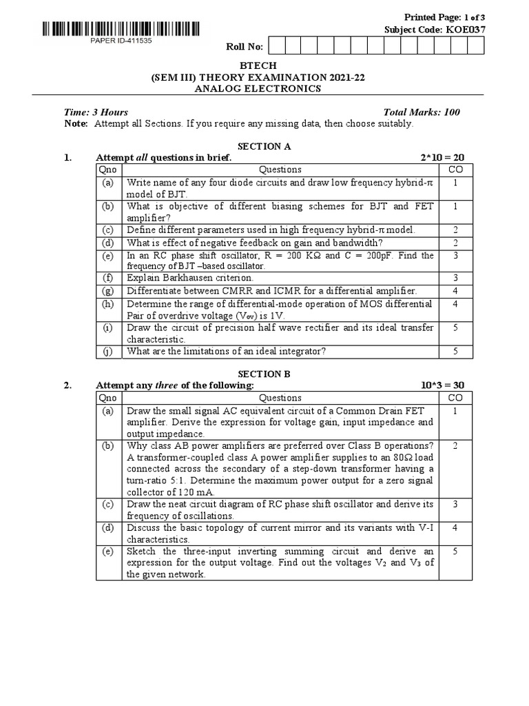 Btech Oe 3 Sem Analog Electronics Koe037 2022 | PDF | Amplifier | Electronic Oscillator