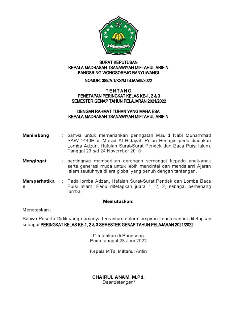 Surat Keputusan Penetapan Peringkat Kelas MTS. MIFAR 21-22 | PDF