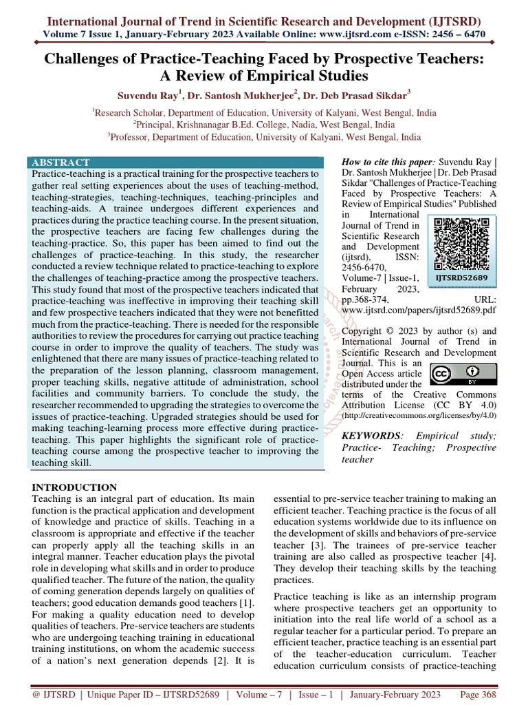 Challenges of Practice Teaching Faced by Prospective Teachers A Review ...