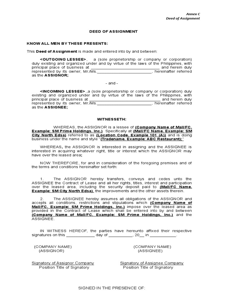 Annex C - Deed of Assignment | PDF | Assignment (Law) | Lease