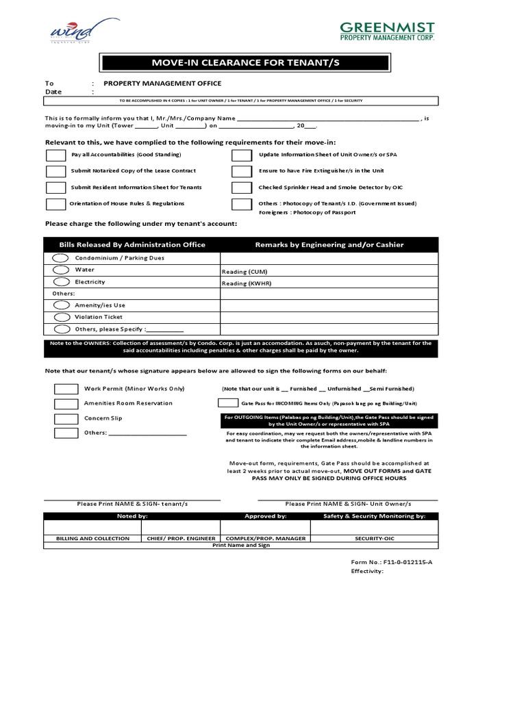 Move in Clearance | PDF | Property Management | Condominium