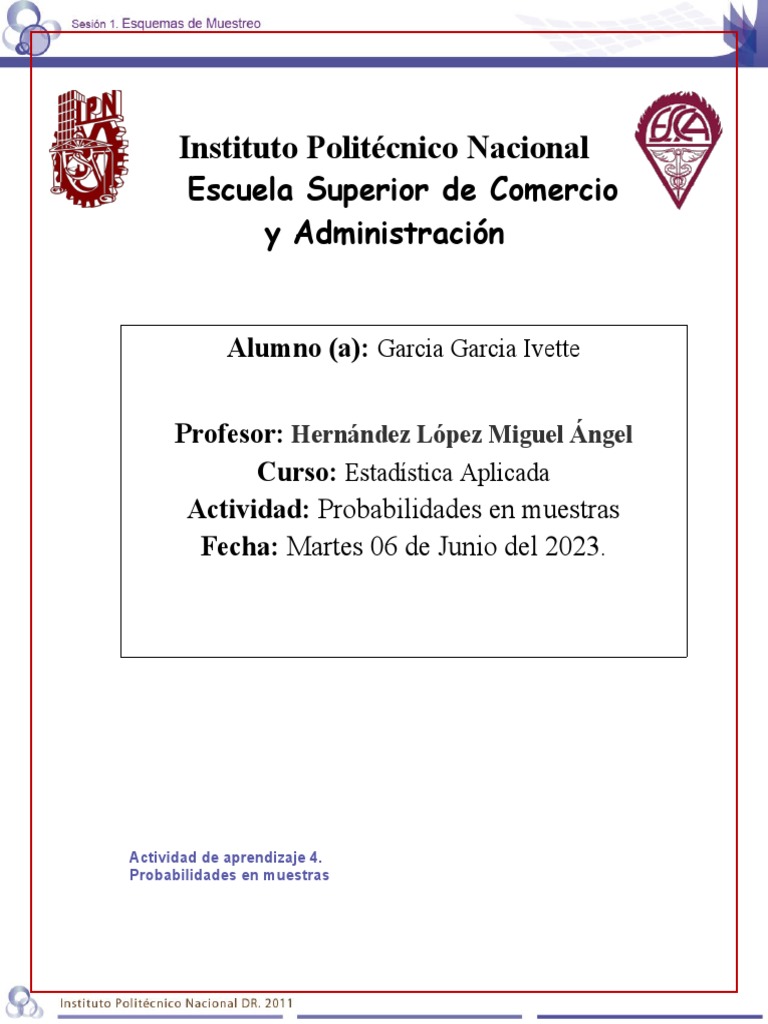 EJERCICIO 4. Probabilidades en Muestras Ivette Garcia | PDF | Probabilidades y estadísticas ...