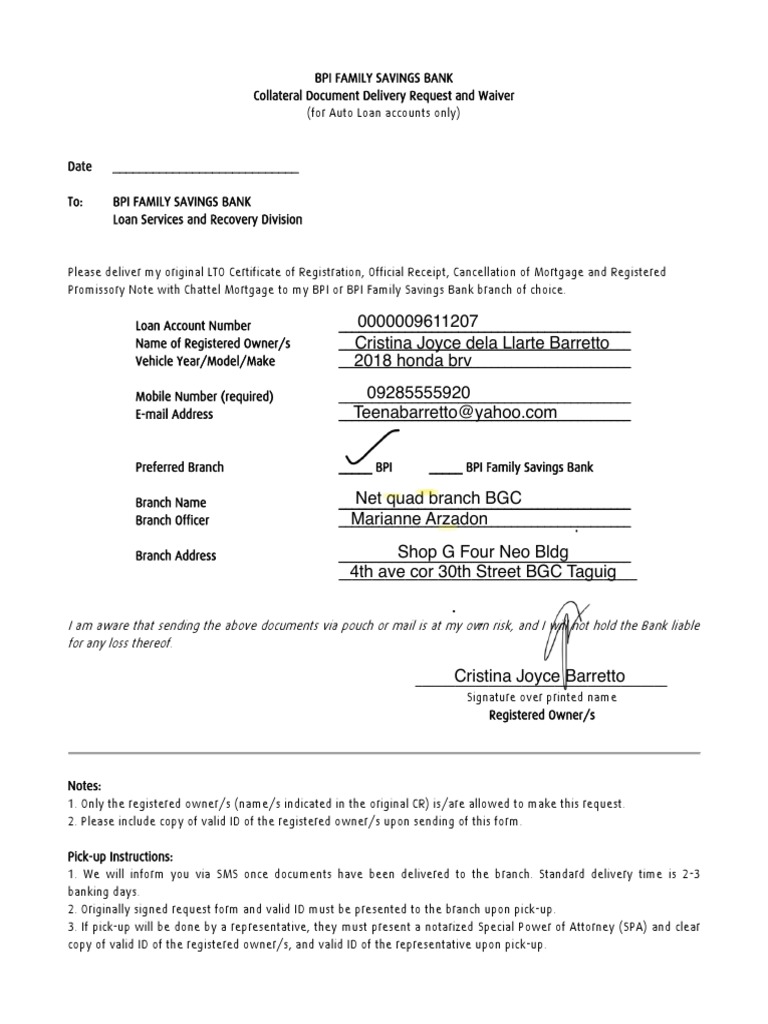 Collateral Document Delivery Request Form v2 | PDF | Personal Finance | Financial Services