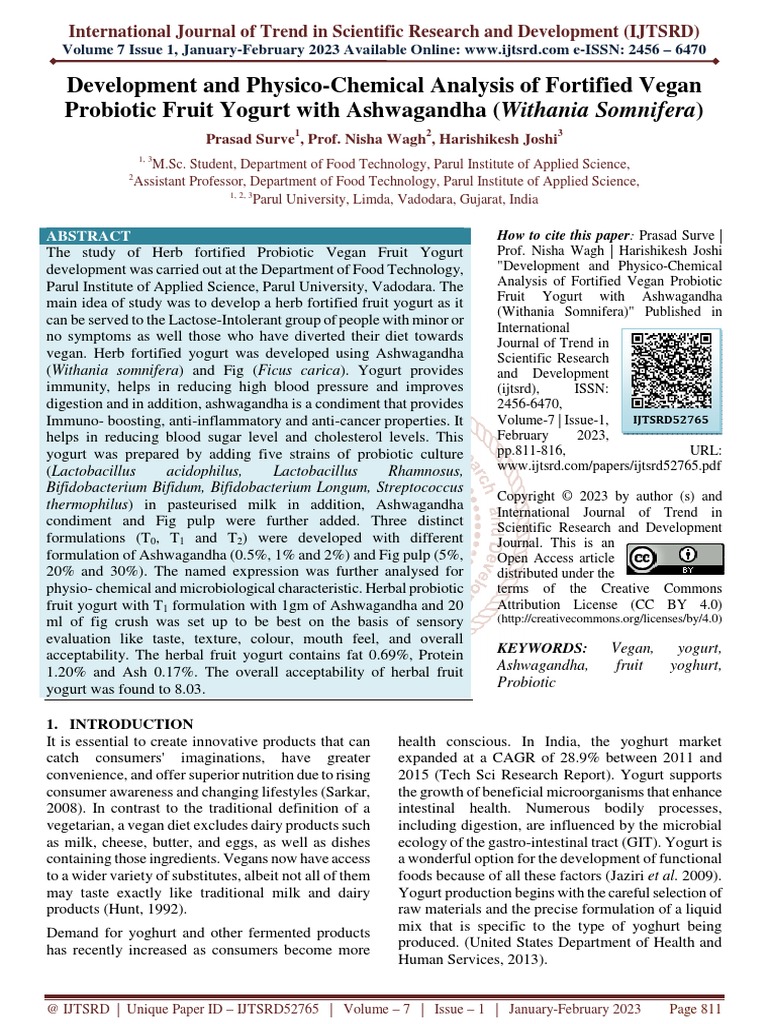 Development and Physico Chemical Analysis of Fortified Vegan Probiotic Fruit Yogurt With ...