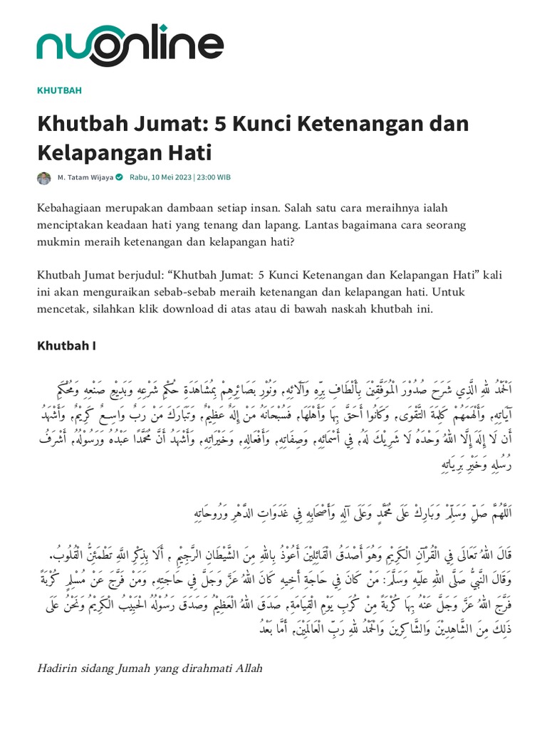 Khutbah Jumat - 5 Kunci Ketenangan Dan Kelapangan Hati - NU Online | PDF