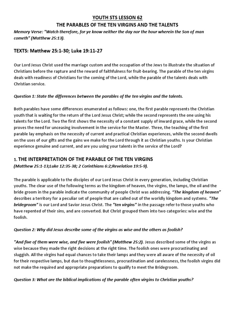 Youth STS Lesson 62 Parables of The Ten Virgins and The Talents | PDF ...