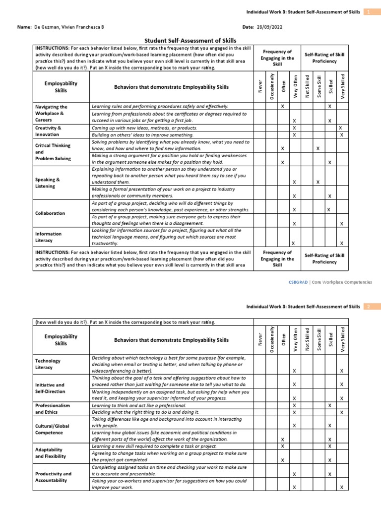 Individual Work 2 - Student Self-Assessment of Skills | PDF | Learning ...