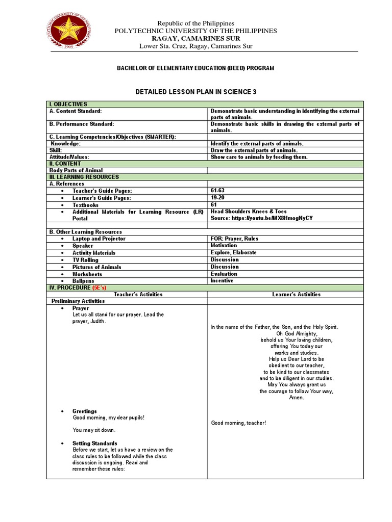 Lesson Plan: Animal Body Parts for Grade 3 | PDF | Teachers | Fish