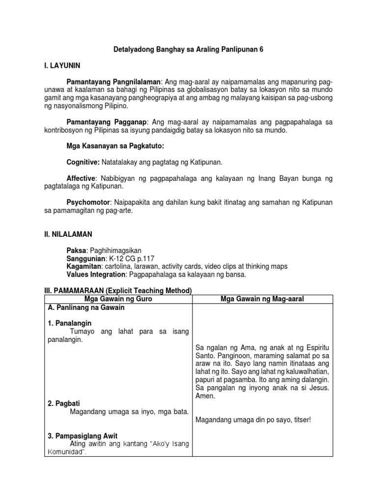 Detalyadong Banghay Sa Araling Panlipunan 6 | PDF