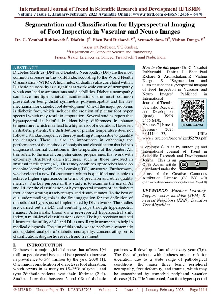 Segmentation And Classification For Hyperspectral Imaging Of Foot 