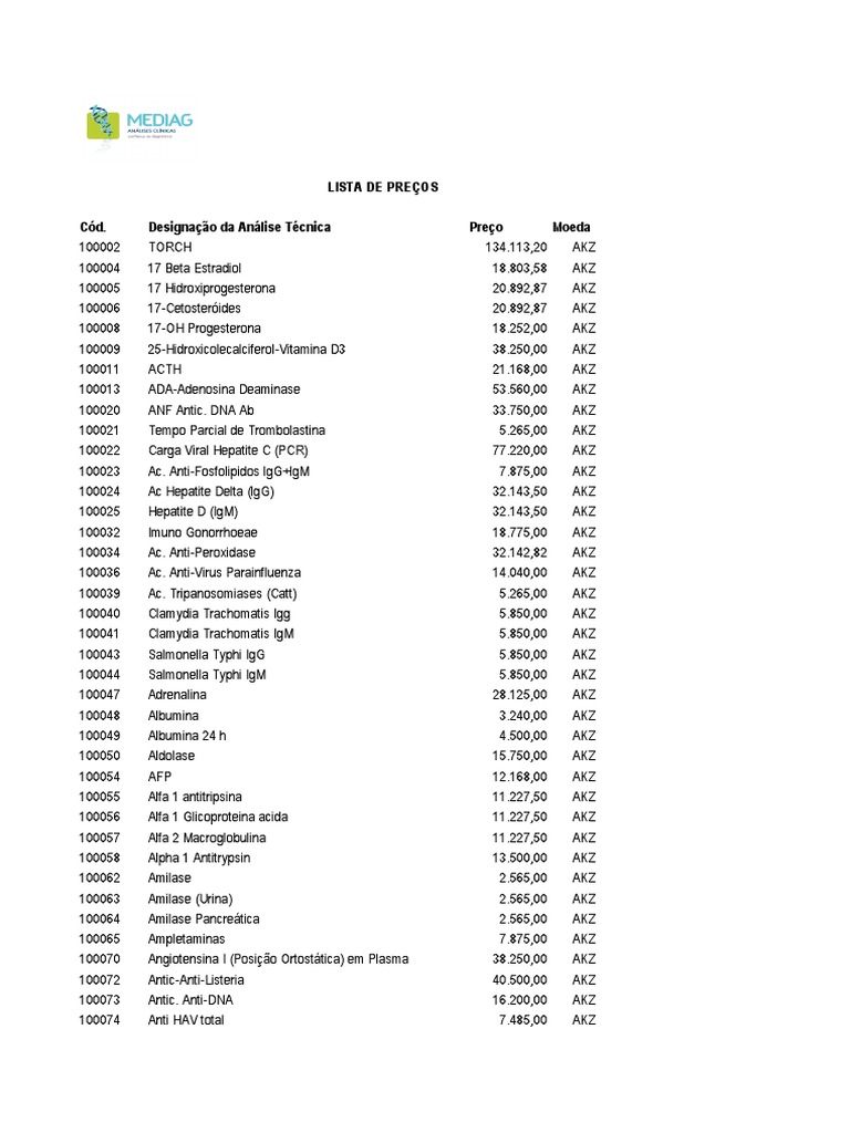 MEDIAG - LISTA DE PREÇOS - PDF 1 | PDF | Clinical Medicine | Immunology