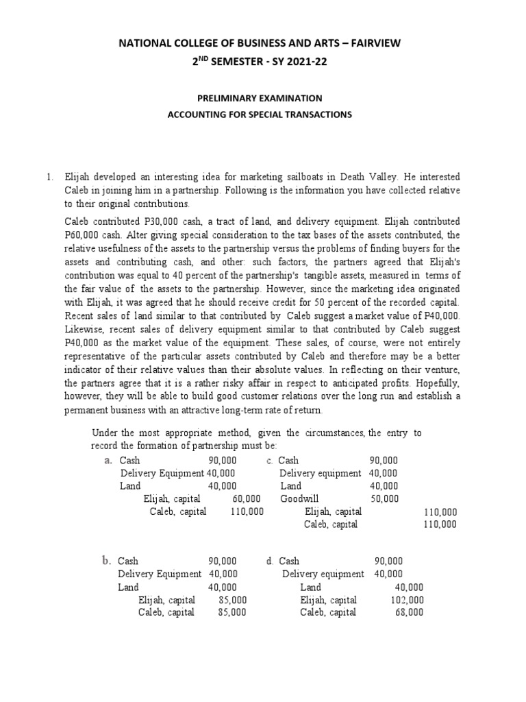 Prelim Examination - Questionnaires | PDF | Partnership | Balance Sheet