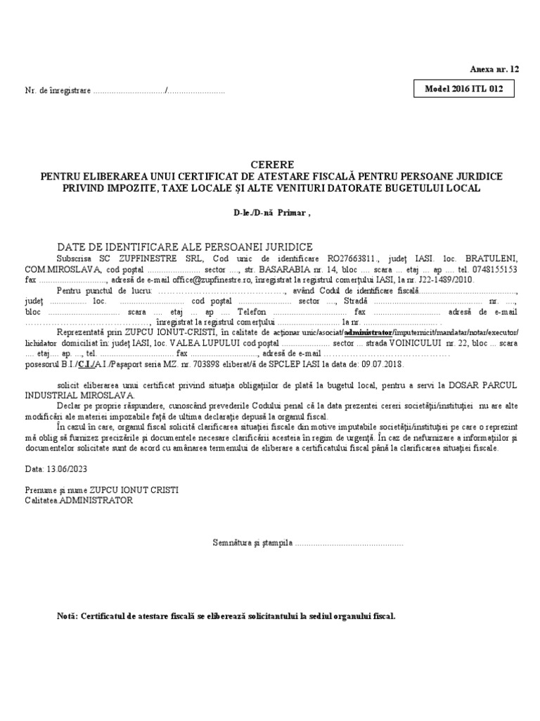 Cerere Primarie Certificat Fiscal | PDF