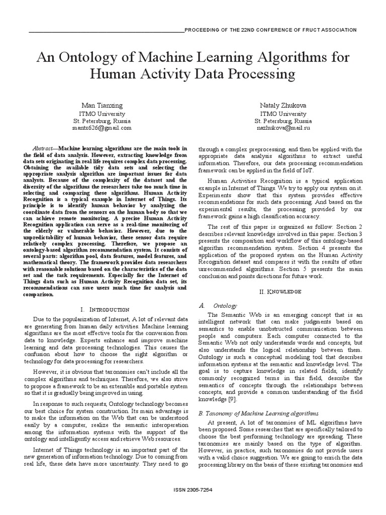 An Ontology Of Machine Learning Algorithms For Human Activity Data Processing Pdf Machine