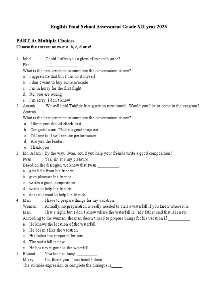 English Final Exam Grade XII 2023 | PDF