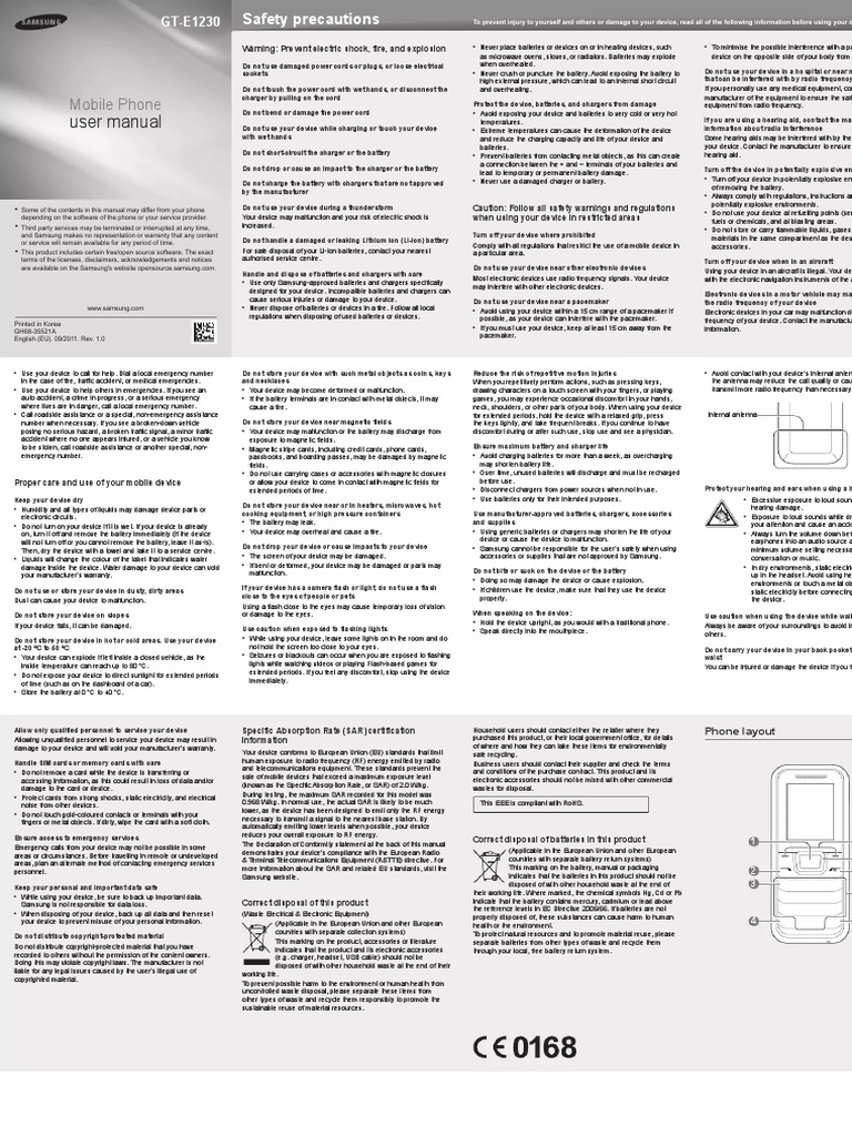 User manual Samsung GT-E1230 (English - 2 pages) | PDF | Battery Charger | Waste Management