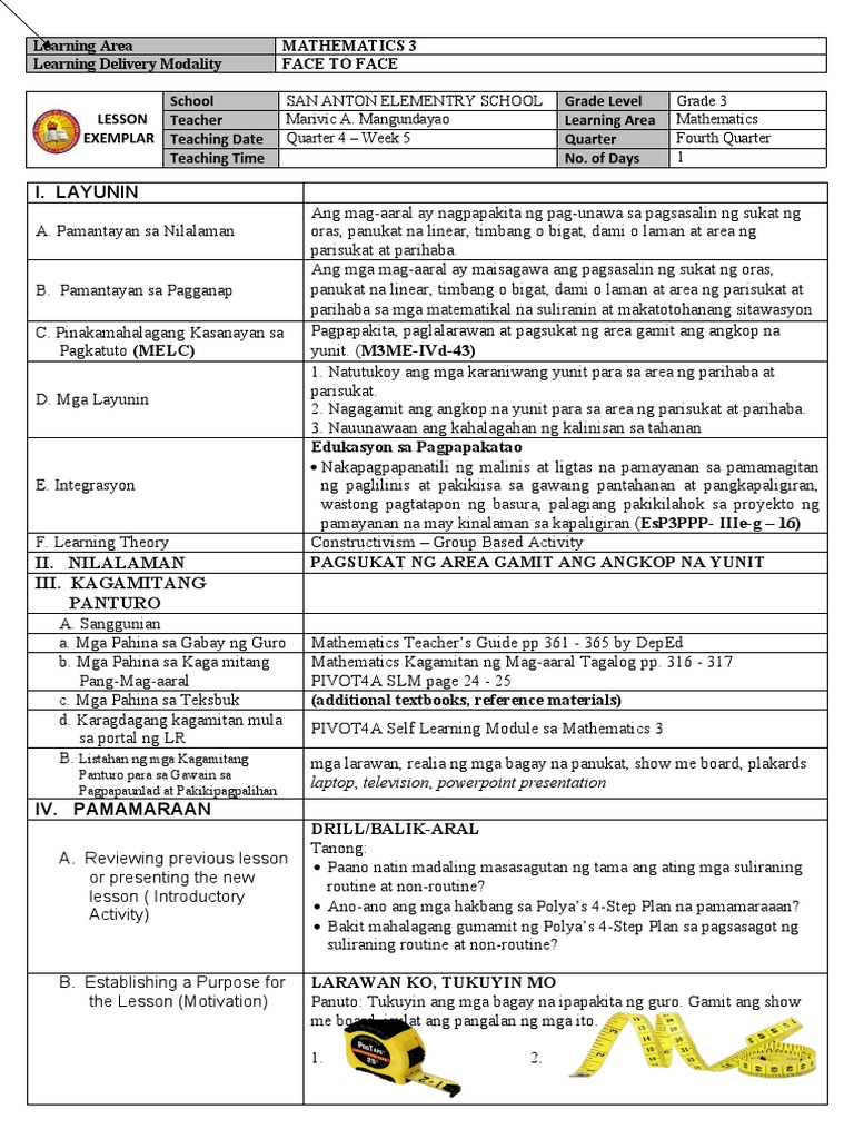 Math 3 - Q4 - DLP For COT2 - Pagsukat NG Area Gamit Ang Agnkop Na Yunit | PDF