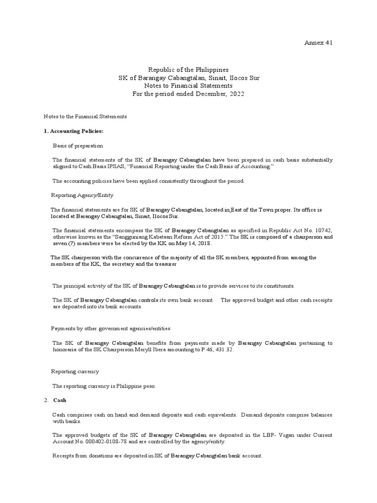 SK Cabangtalan Financial Statement Notes | PDF | Cash | Banks