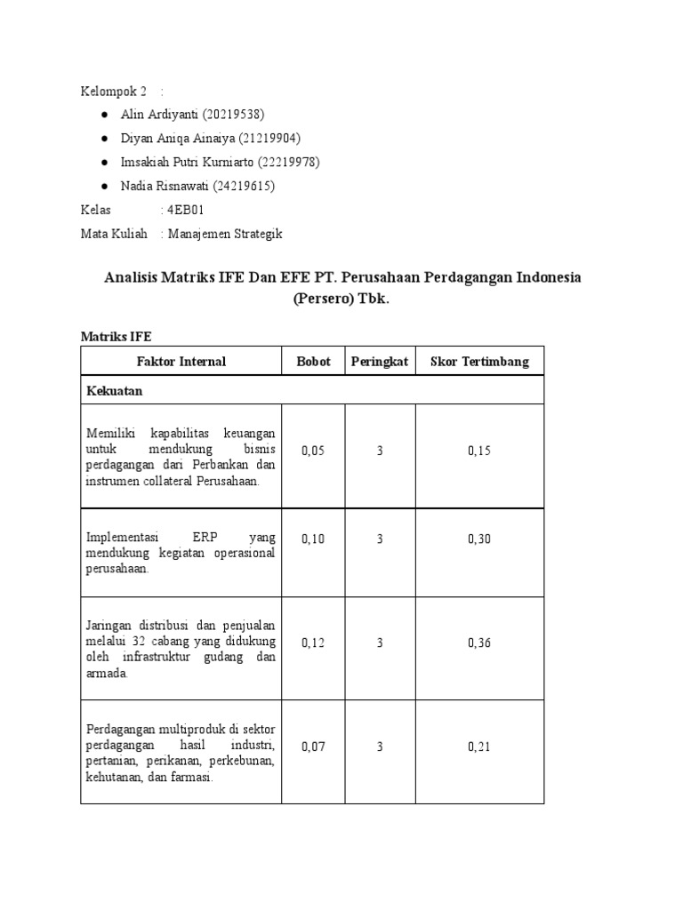 Analisis Matriks IFE dan EFE Perusahaan | PDF | Bisnis
