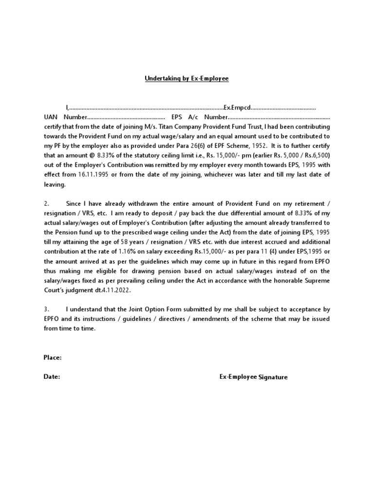 Ex-Employee Pension Undertaking Form | PDF