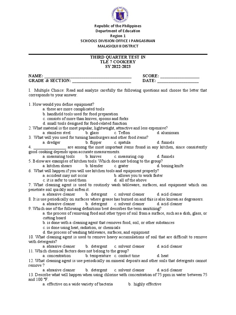 3rd Q TLE-COOKERY-7-TEST-QUESTIONS-with-ANSWER-KEY-Q1-SY-2022-2023 ...