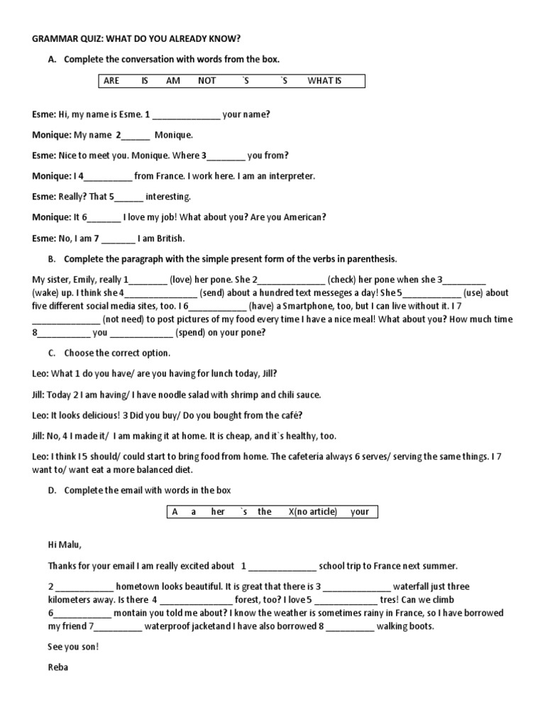 Grammar Quiz - Unit 1 | PDF | Linguistics