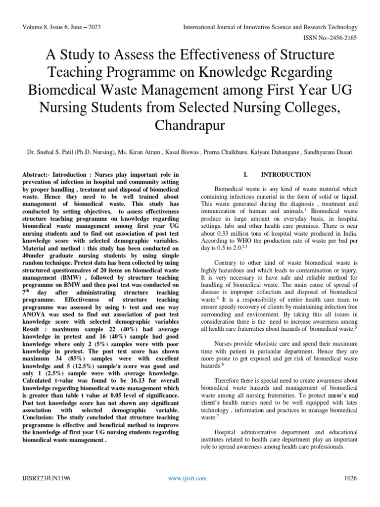 A Study To Assess The Effectiveness of Structure Teaching Programme On ... A Study To Assess The Effectiveness of Structure Teaching Programme On ...