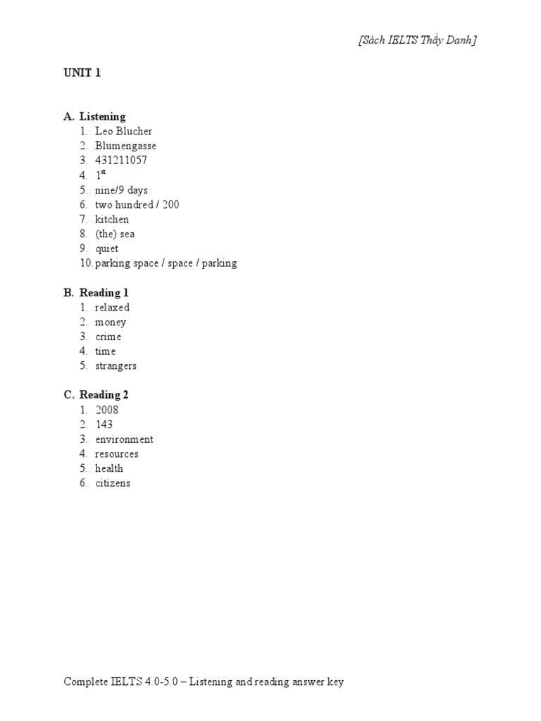Complete 4.0-5.0 - Answer Key (Reading and Listening) | PDF