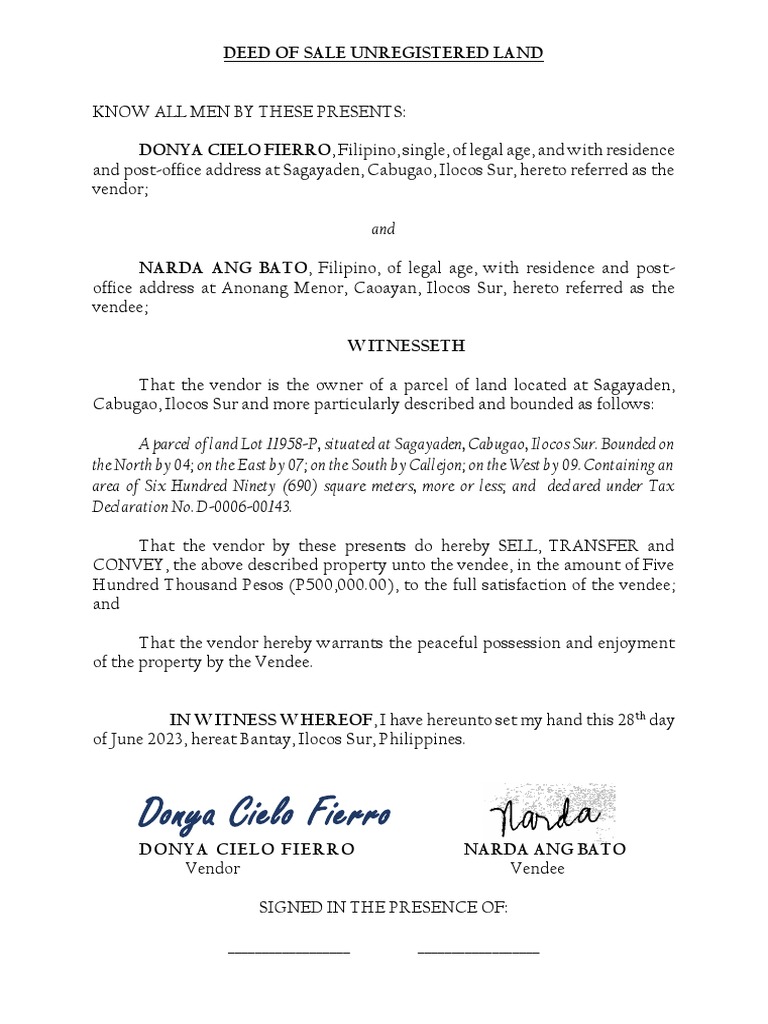 Deed of Sale of Unregistered Land | PDF | Deed | Real Property Law