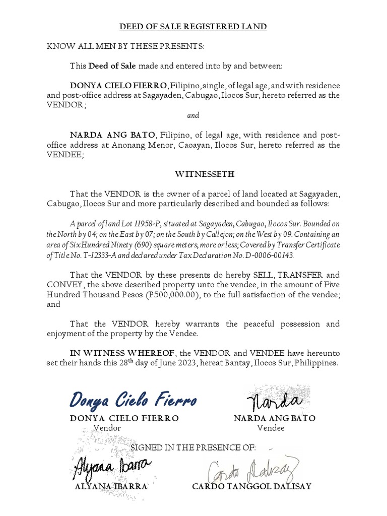 Deed of Sale of Registered Land | PDF | Civil Law (Legal System ...