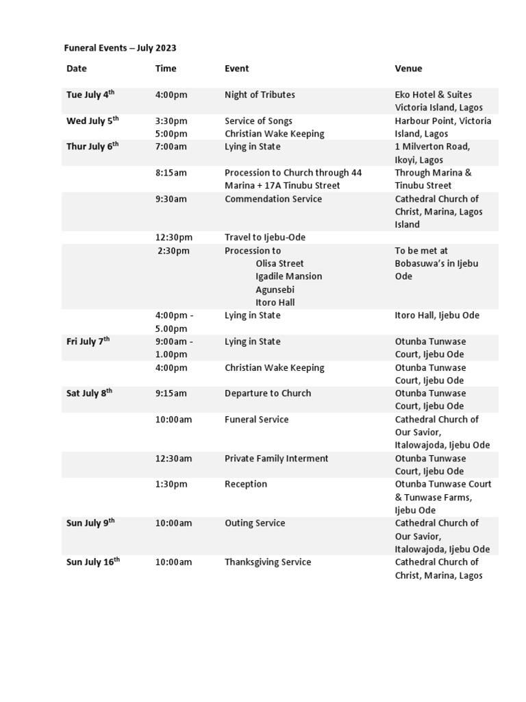 Lagos Funeral Event Schedule | PDF | Rituals | Commemoration