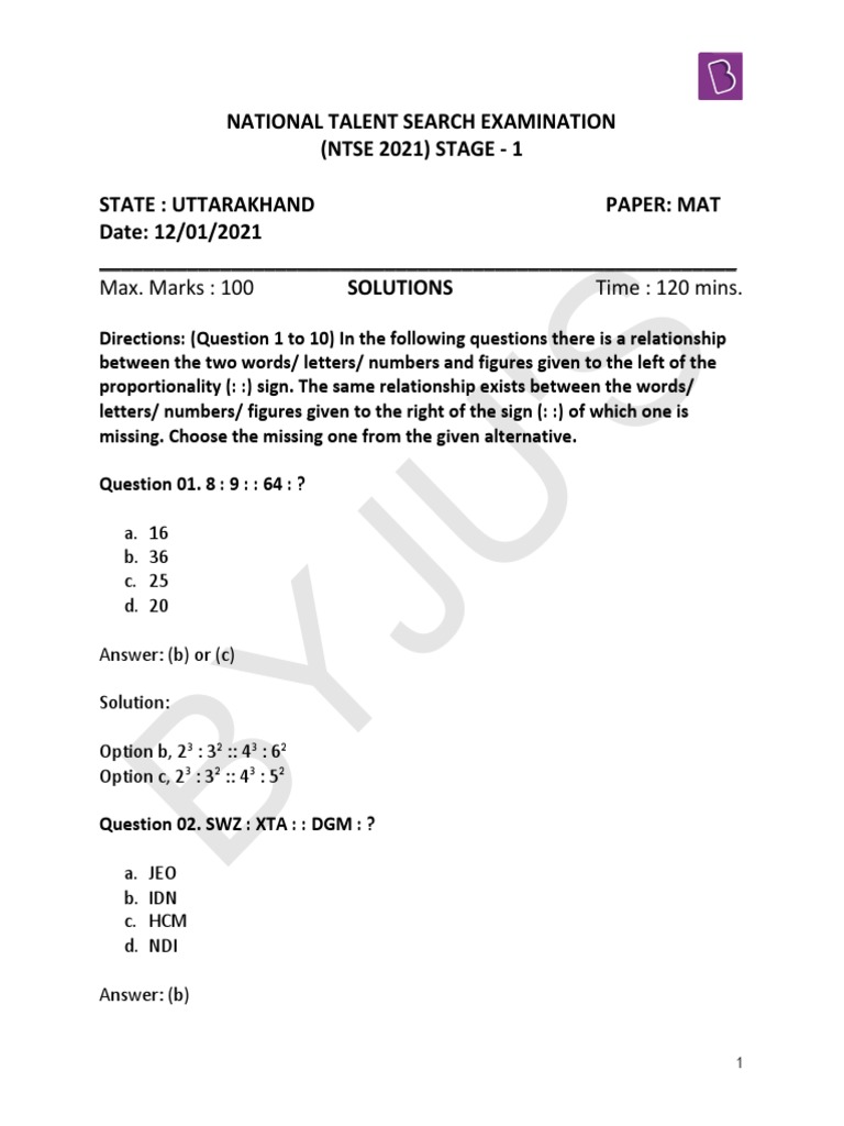 Uttarakhand NTSE 2021 Stage 1 MAT and SAT Question and Solutions | PDF ...