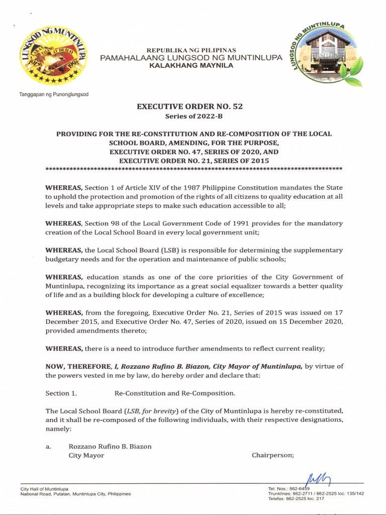 Reconstitution of Muntinlupa School Board | PDF | Repeal | Government