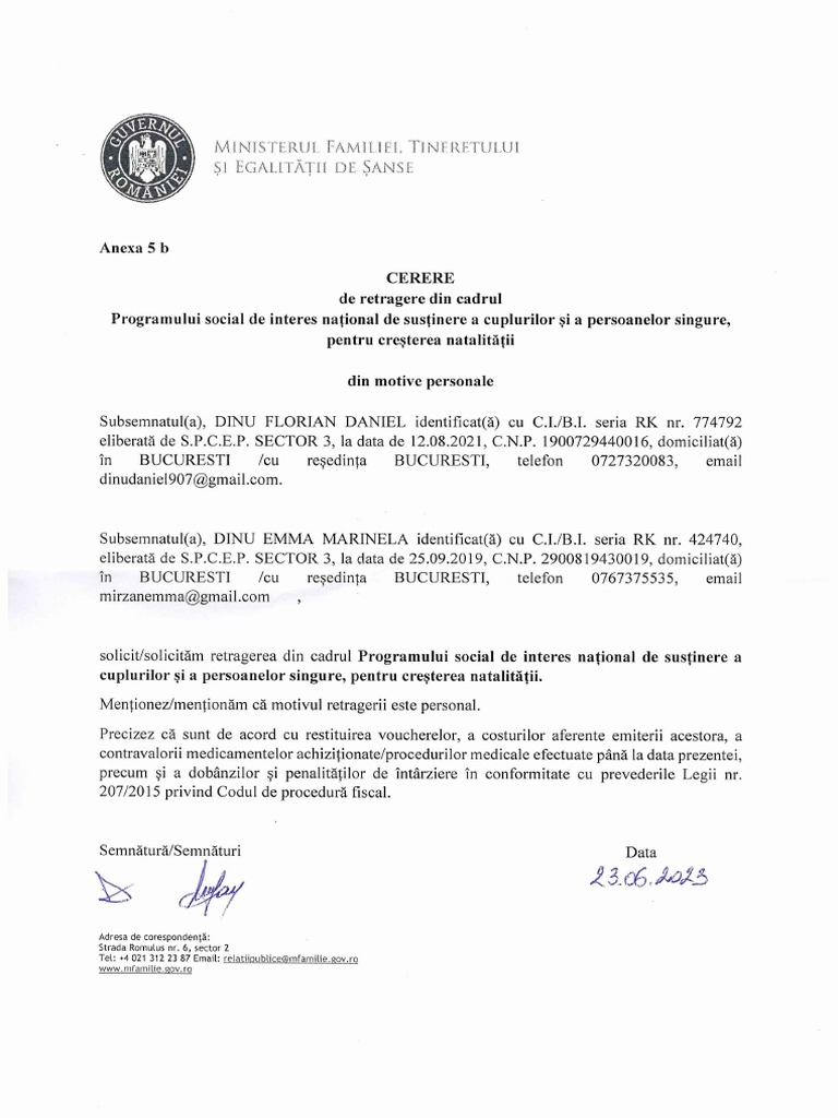 Anexa 5b. Cerere de Retragere Din Motive Personale_Dinu Emma+Dinu ...